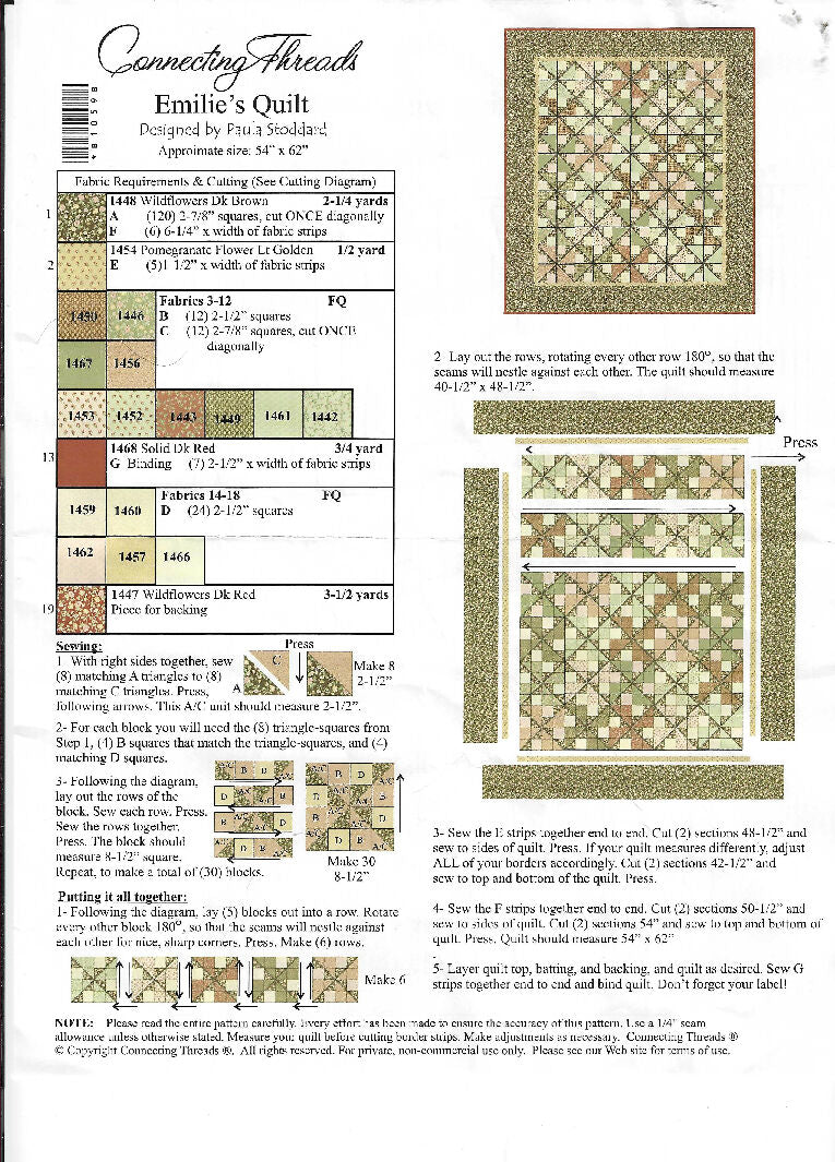 Emilie's Quilt by Connecting Threads quilt kit for 54"x62" quilt with ...