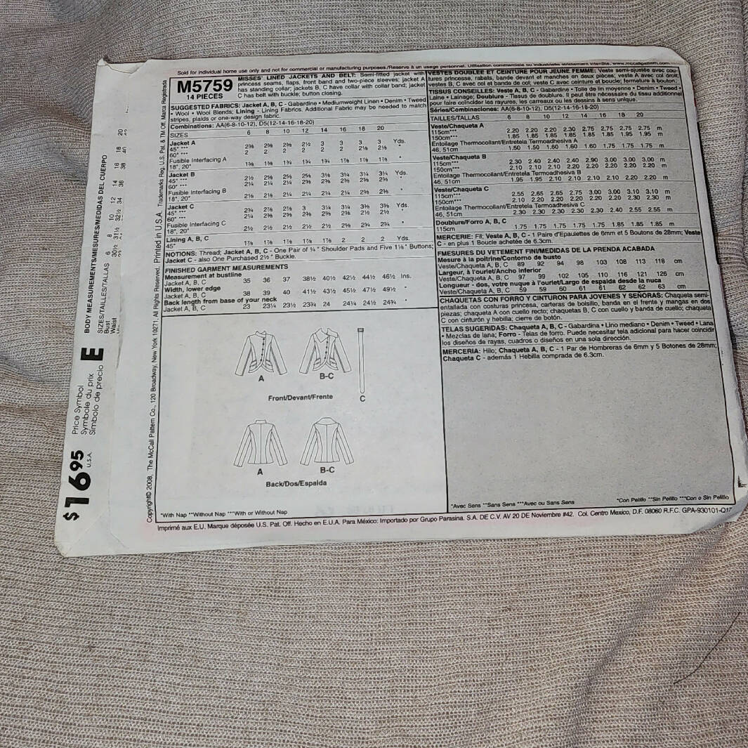 McCall's 5759 - Misses Jacket, UC/FF, SZ 12-20 – Destashify